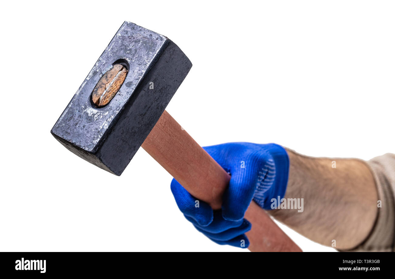 construction tool, new hammer in male hand on white isolated background ...