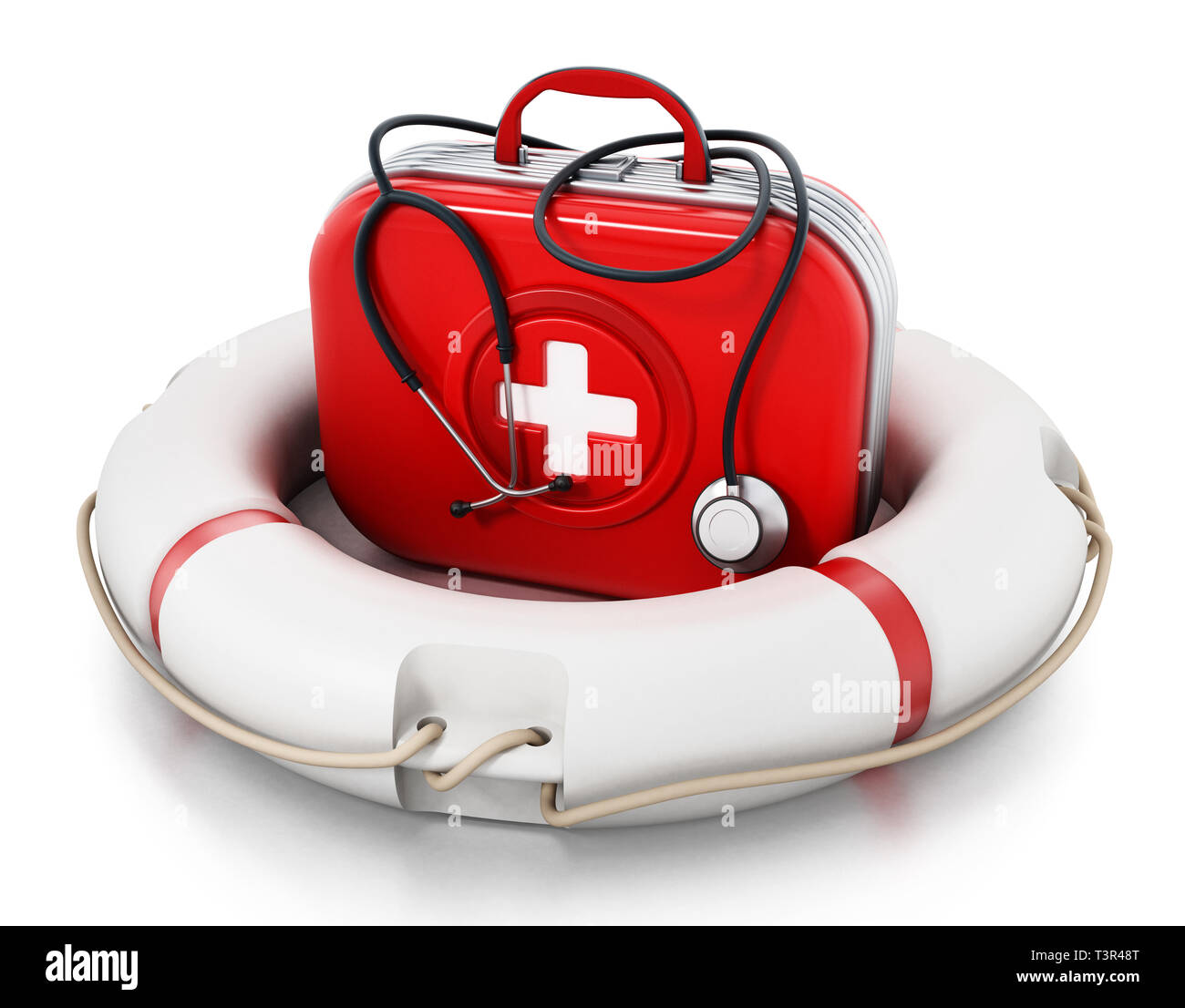 First aid kit standing on life saver. 3D illustration Stock Photo - Alamy