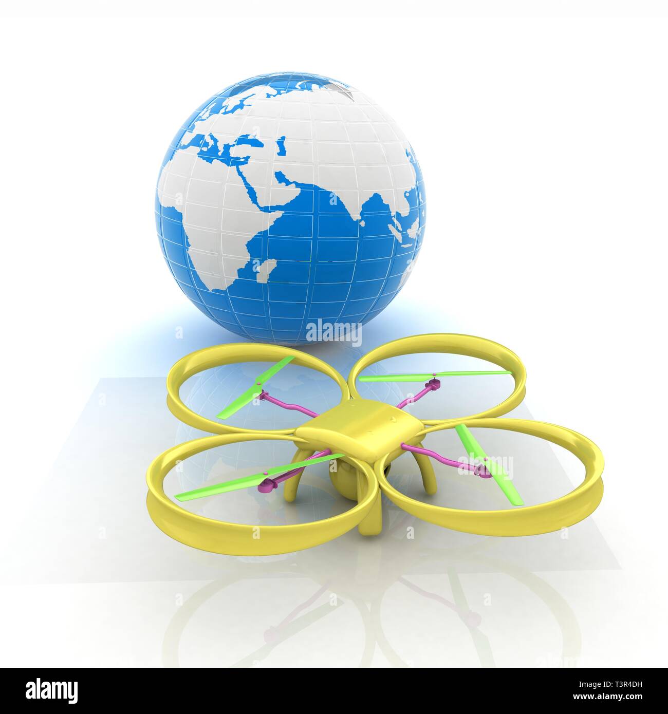 Quadrocopter Drone with Earth Globe and remote controller on a white ...