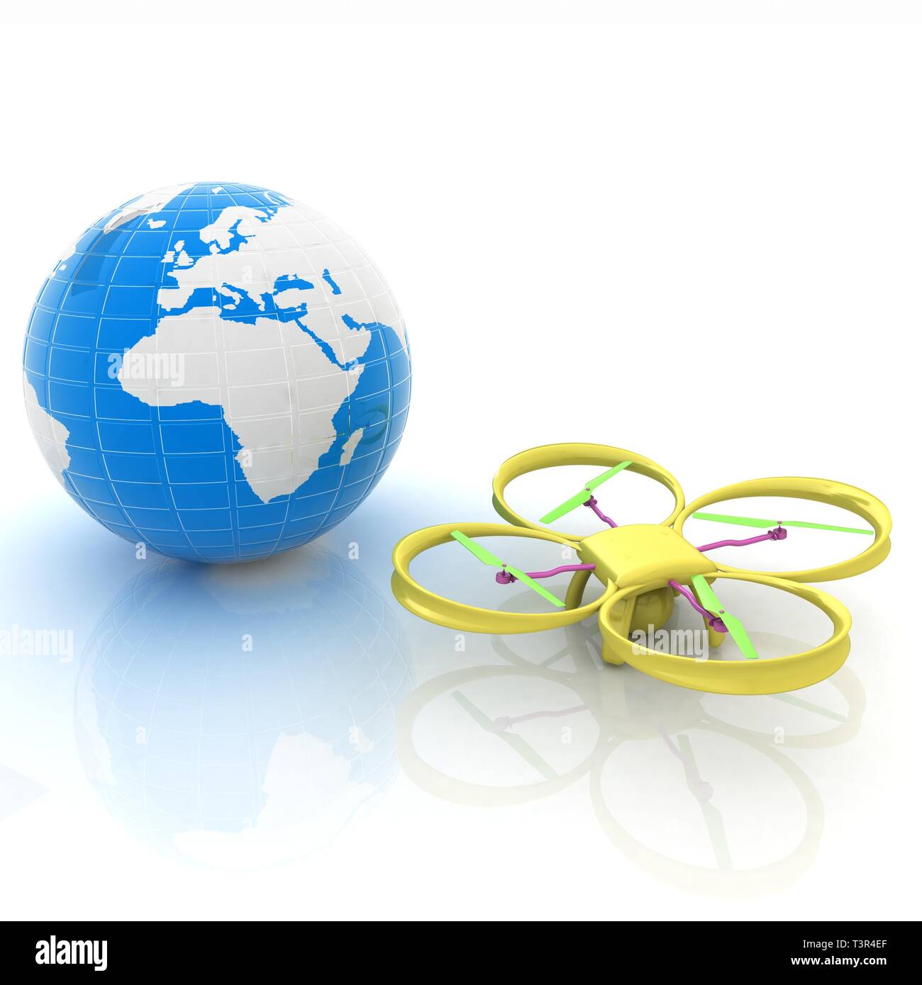 Quadrocopter Drone with Earth Globe and remote controller on a white ...