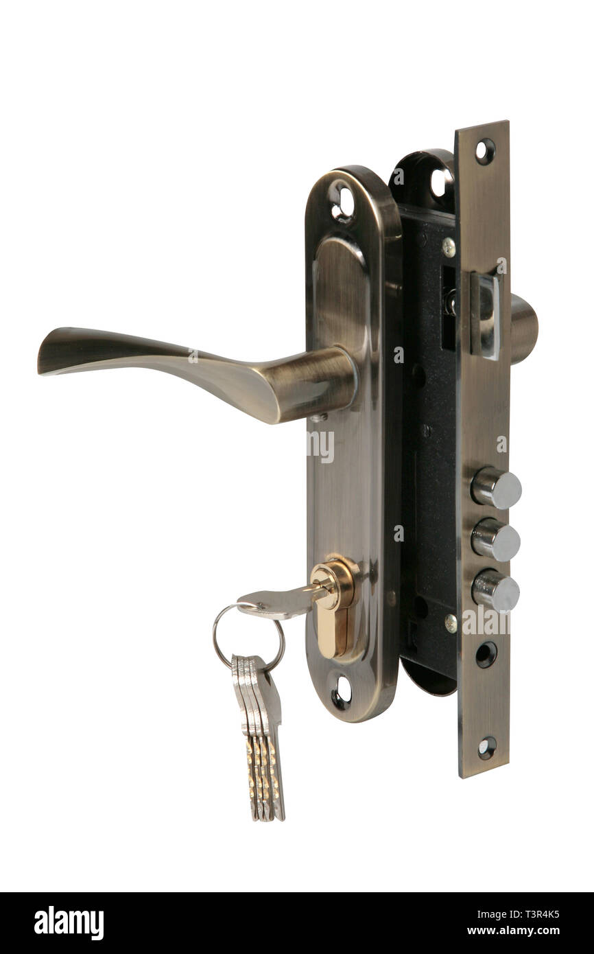 Stainless metal handle with lock and keys isolated on a white ...