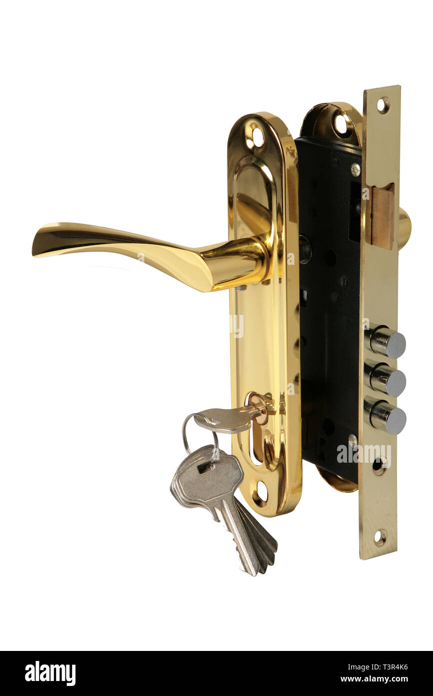 Stainless metal handle with lock and keys isolated on a white ...