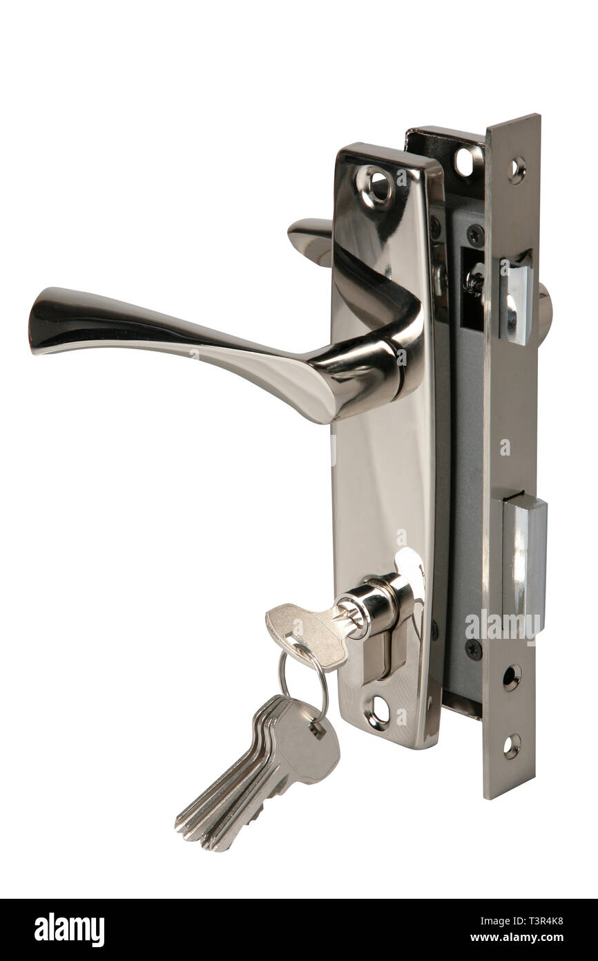Stainless metal handle with lock and keys isolated on a white ...