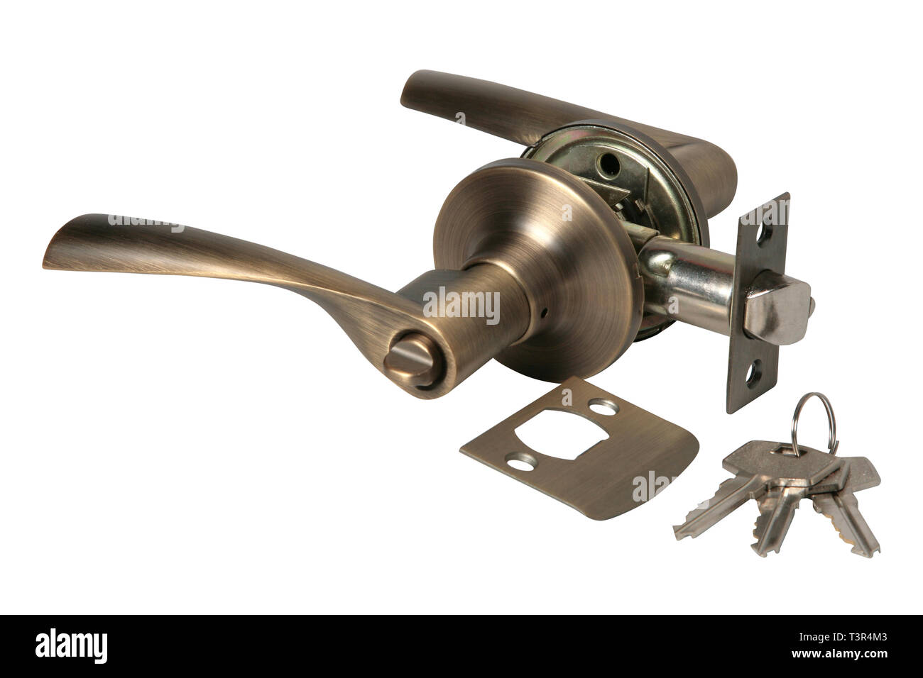 Stainless metal handle with lock and keys isolated on a white ...