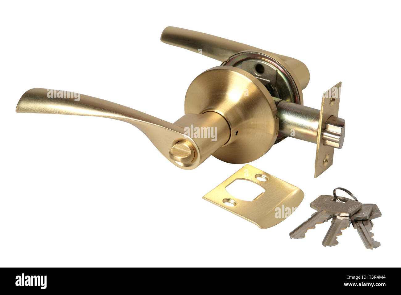 Stainless metal handle with lock and keys isolated on a white ...