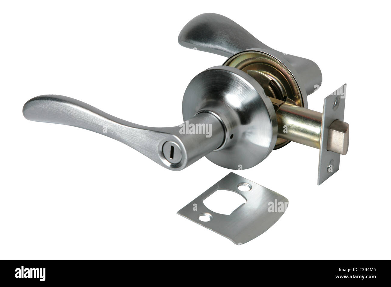 Stainless metal handle with lock and keys isolated on a white ...