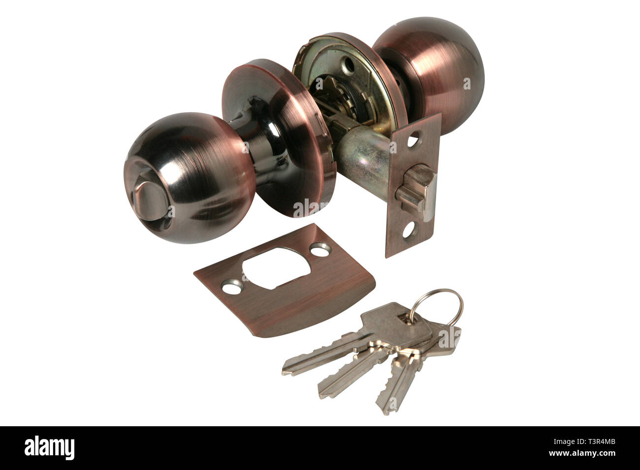 Stainless metal handle with lock and keys isolated on a white ...