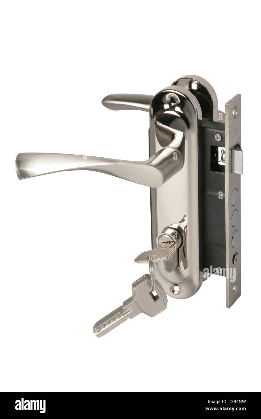 Stainless metal handle with lock and keys isolated on a white ...