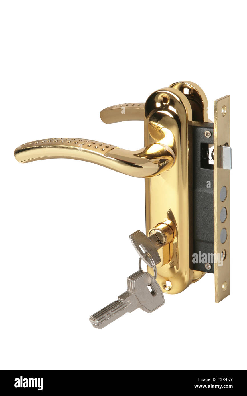 Stainless metal handle with lock and keys isolated on a white ...