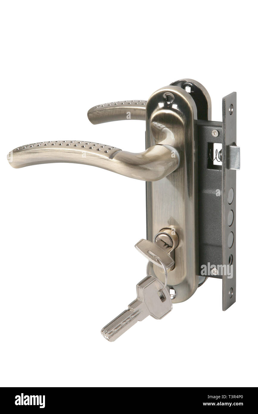 Stainless metal handle with lock and keys isolated on a white ...