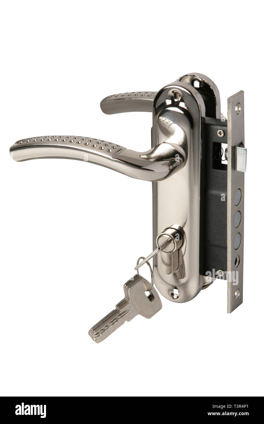 Stainless metal handle with lock and keys isolated on a white ...