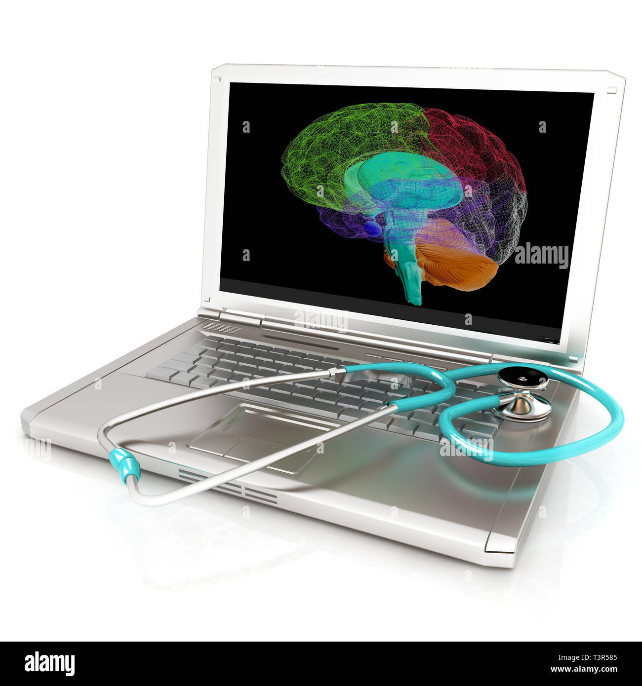 Laptop, brain and Stethoscope. 3d illustration Stock Photo - Alamy