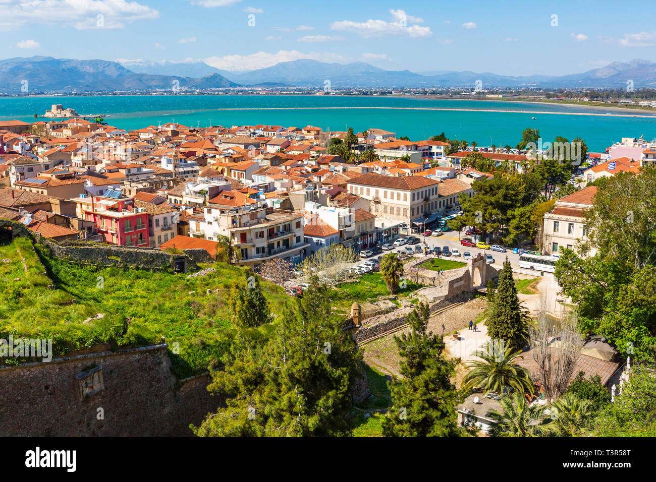 Old town aerial panorama with sea in Nafplio or Nafplion, Greece ...