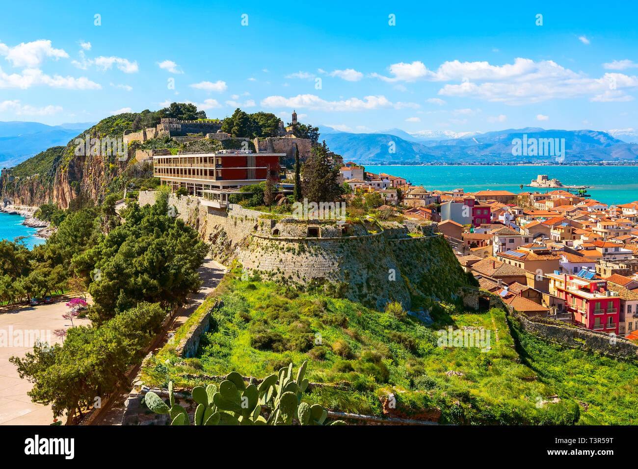 Old town aerial panorama with sea in Nafplio or Nafplion, Greece ...
