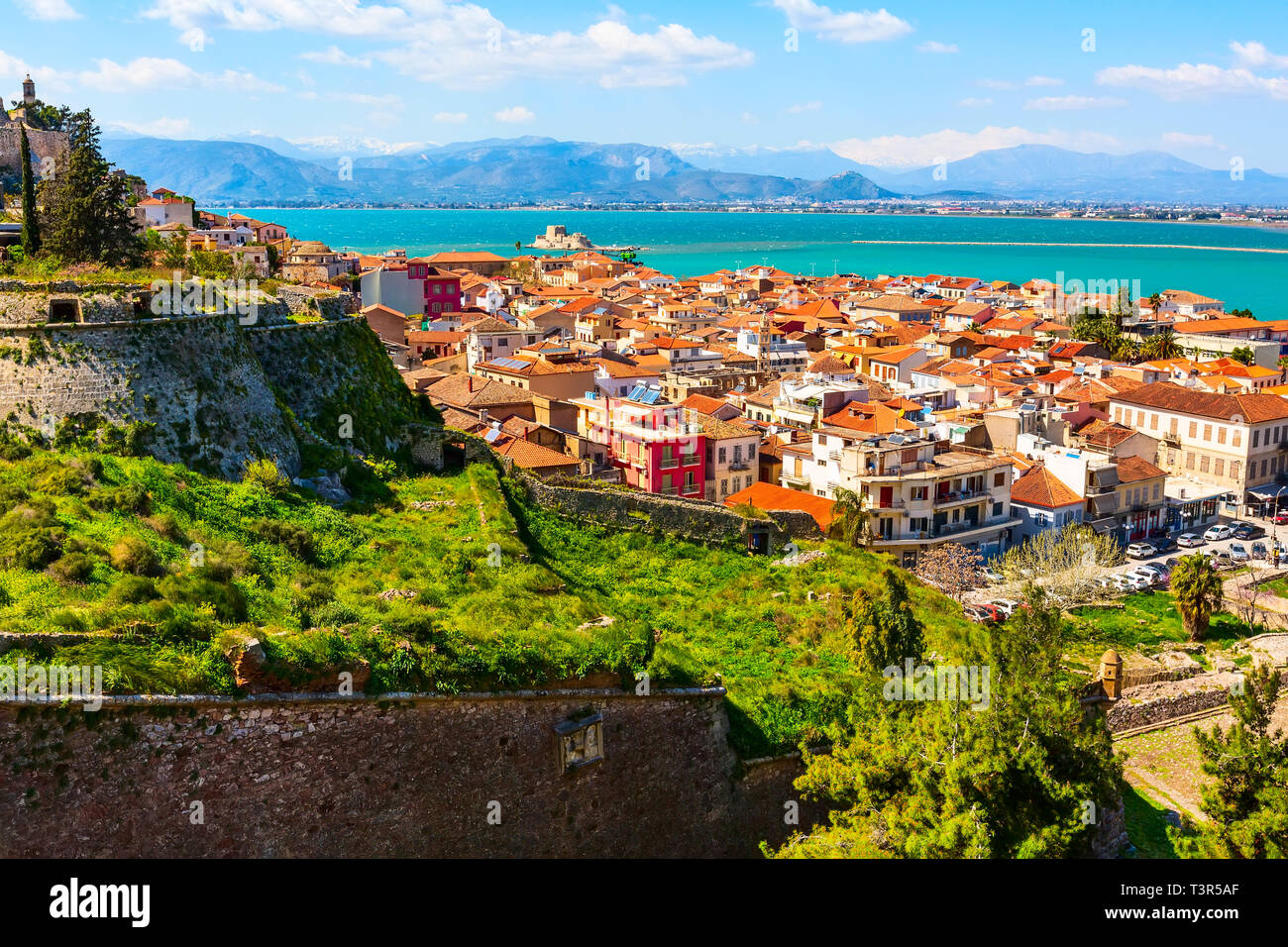 Old town aerial panorama with sea in Nafplio or Nafplion, Greece ...