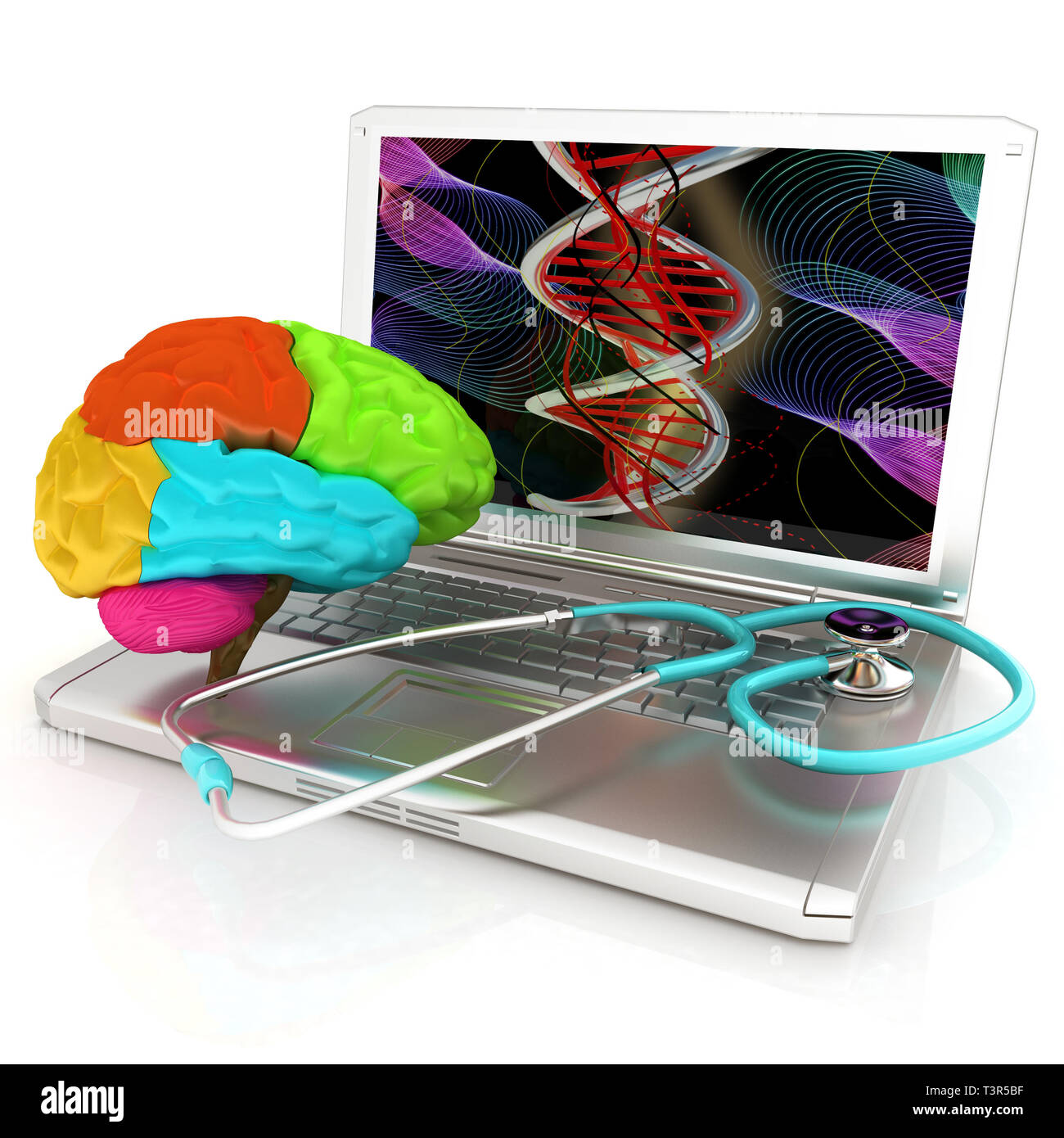 Laptop, brain and Stethoscope. 3d illustration Stock Photo - Alamy
