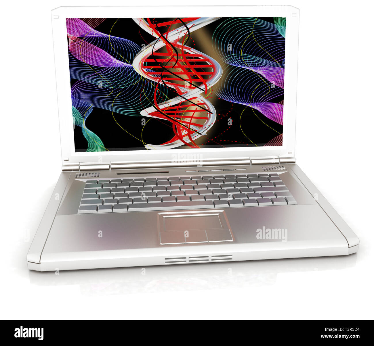 Laptop with dna medical model background on laptop screen. 3d ...