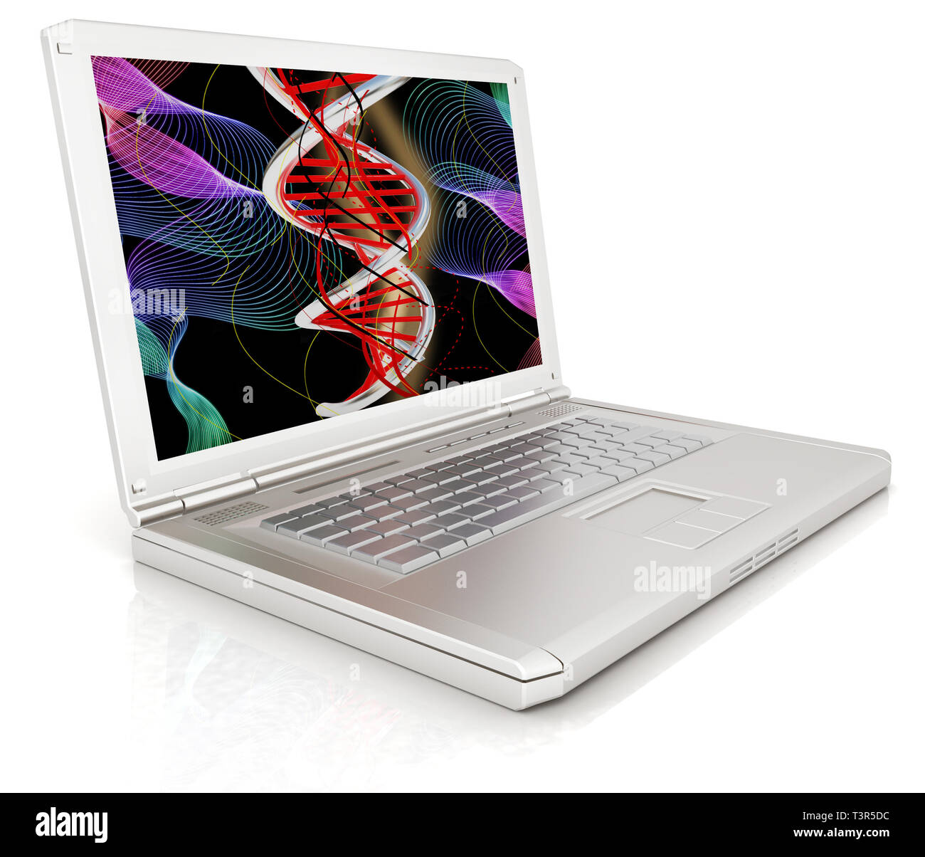 Laptop with dna medical model background on laptop screen. 3d ...