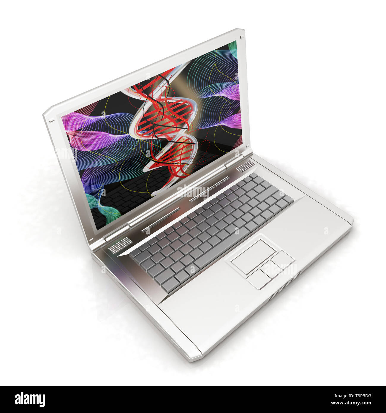 Laptop with dna medical model background on laptop screen. 3d ...