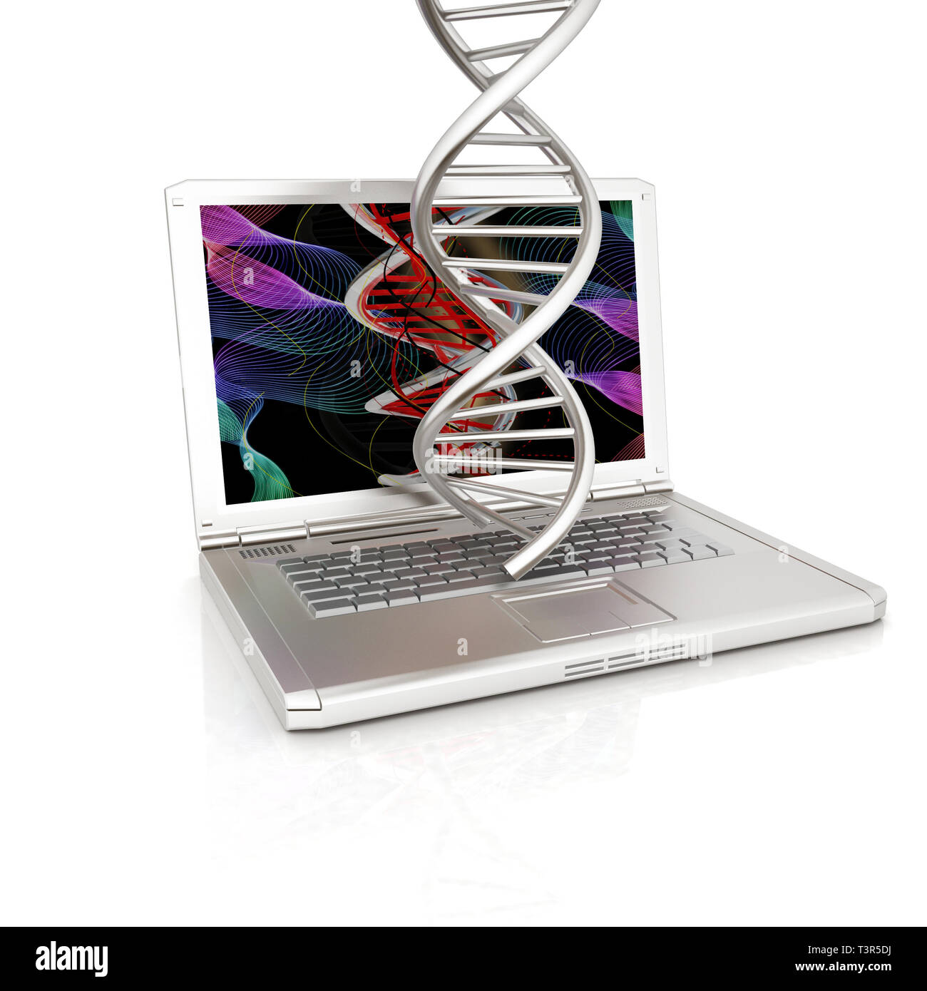 Laptop with dna medical model background on laptop screen. 3d ...