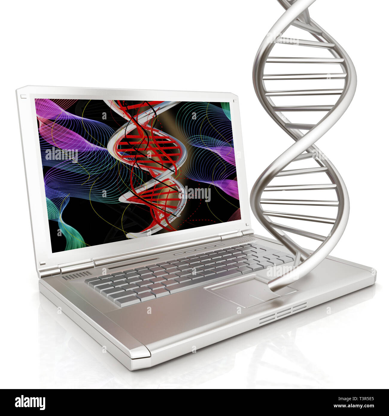 Laptop with dna medical model background on laptop screen. 3d ...