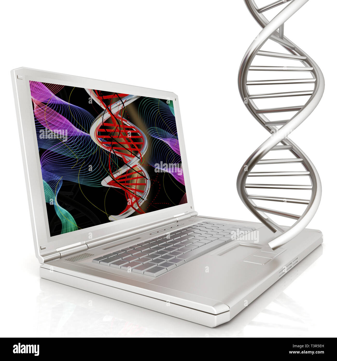 Laptop with dna medical model background on laptop screen. 3d ...
