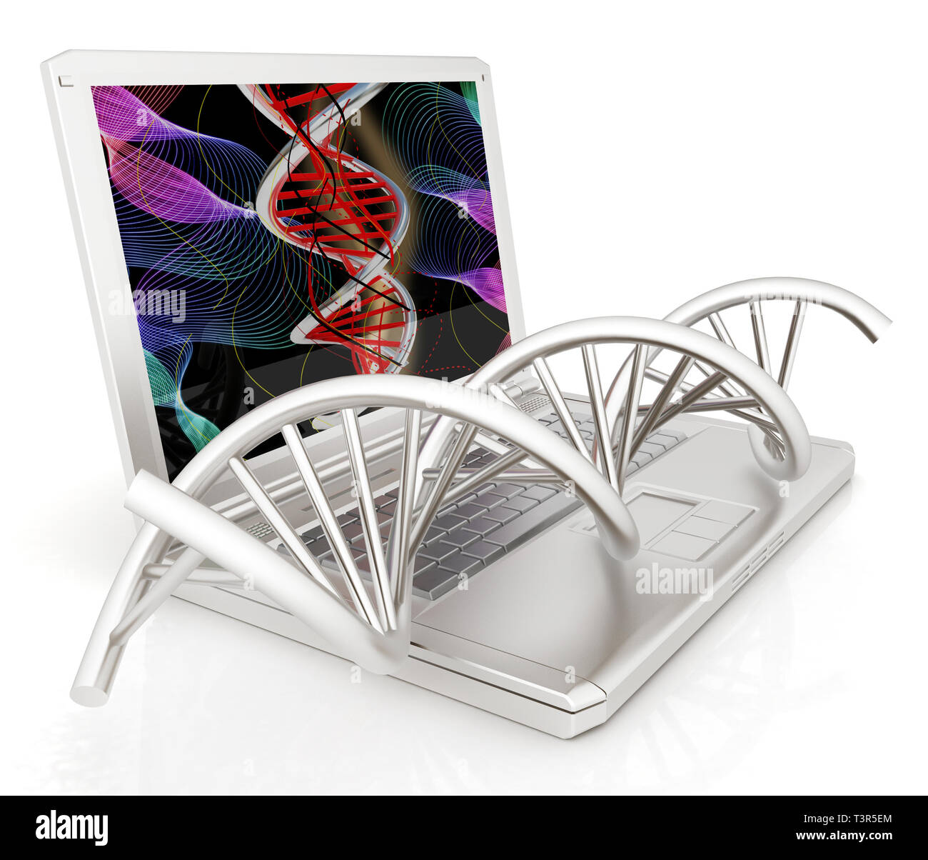 Laptop with dna medical model background on laptop screen. 3d ...