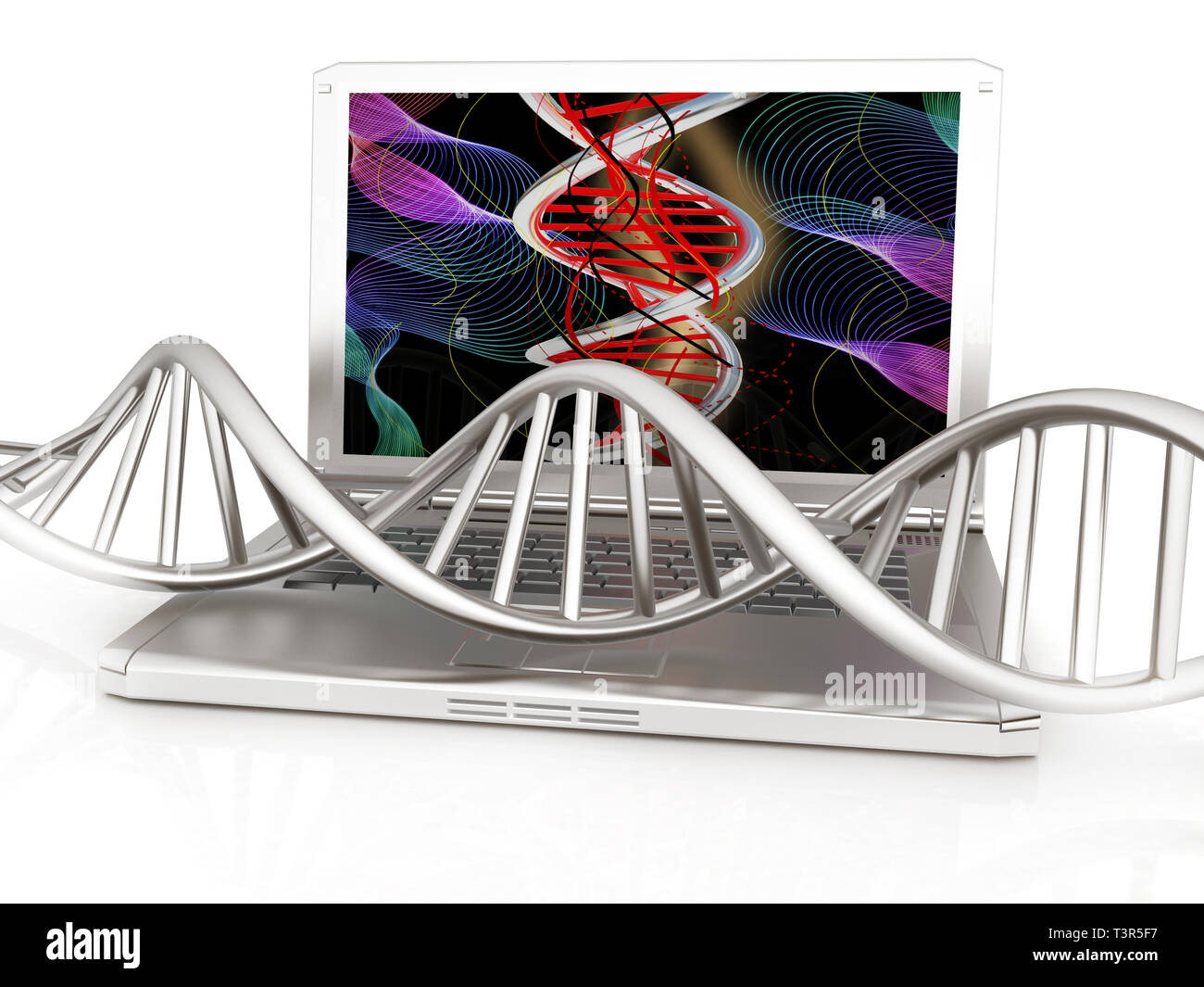 Laptop with dna medical model background on laptop screen. 3d ...
