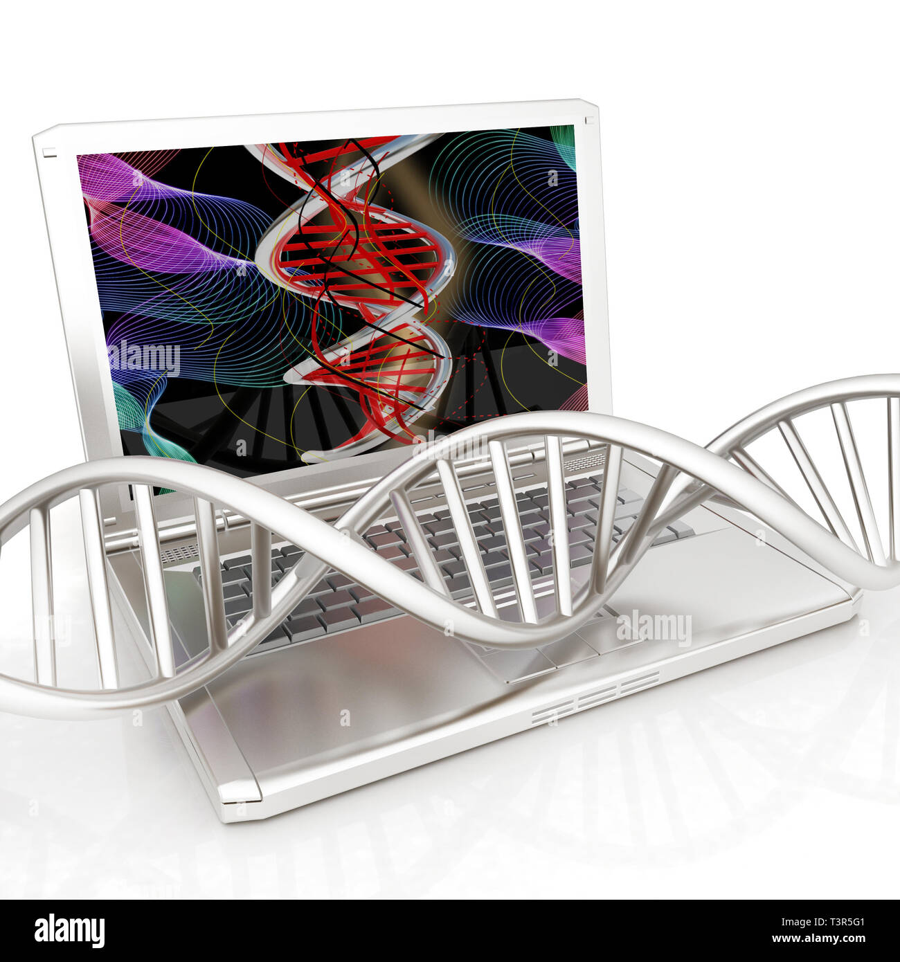 Laptop with dna medical model background on laptop screen. 3d ...