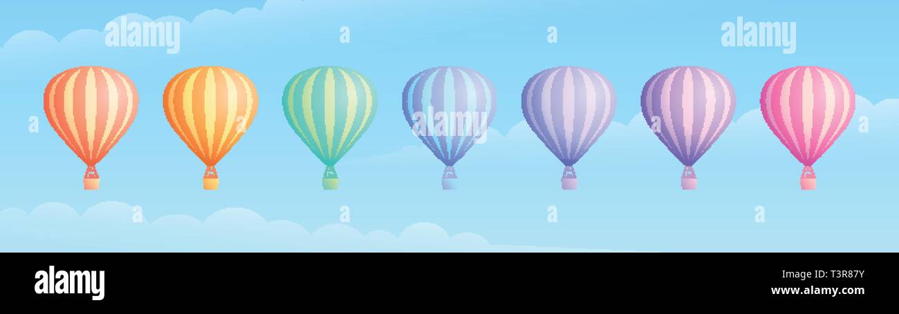 Hot air balloon travel adventure vector illustration set. White cloud ...