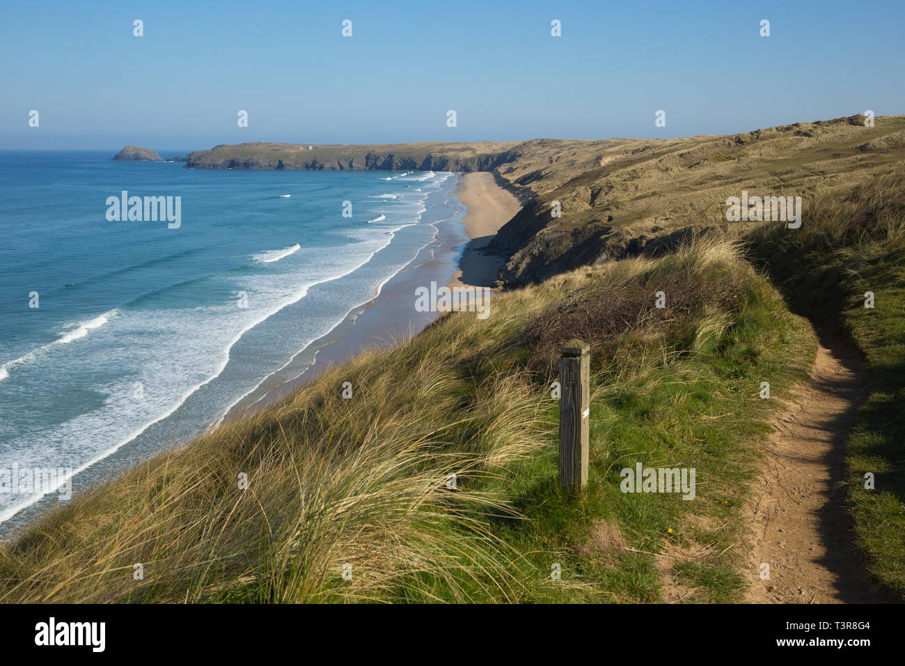 South west coast path view to Perran sands beach near Perranporth North ...