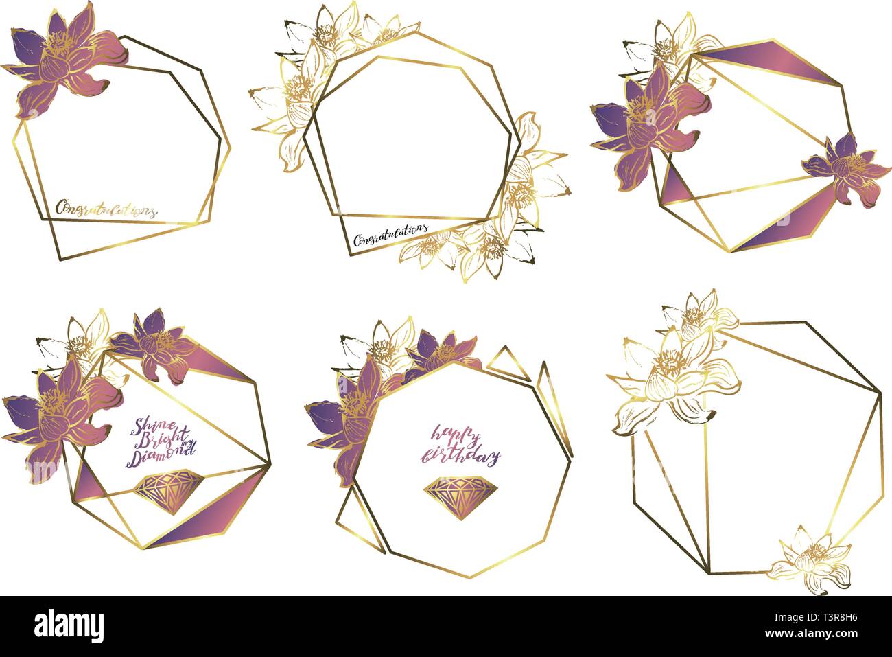 Botanical garland from lotus flowers, vintage floral wreath with golden ...
