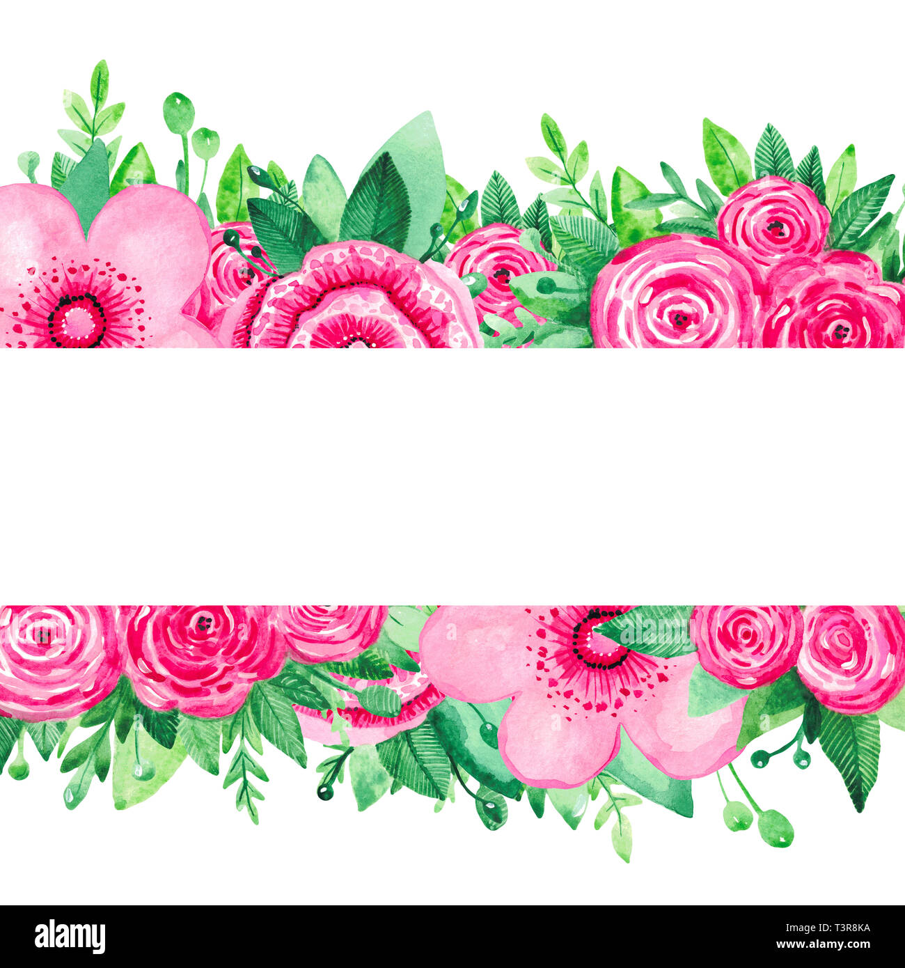 Frame Bright red pink flower green leaves branch on white isolated ...