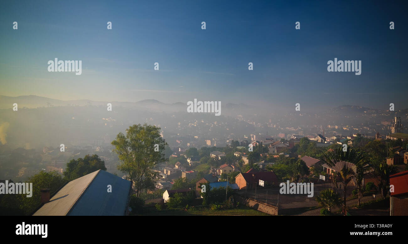 Aerial panoramic view to Fianarantsoa city at sunrise in Madagascar ...
