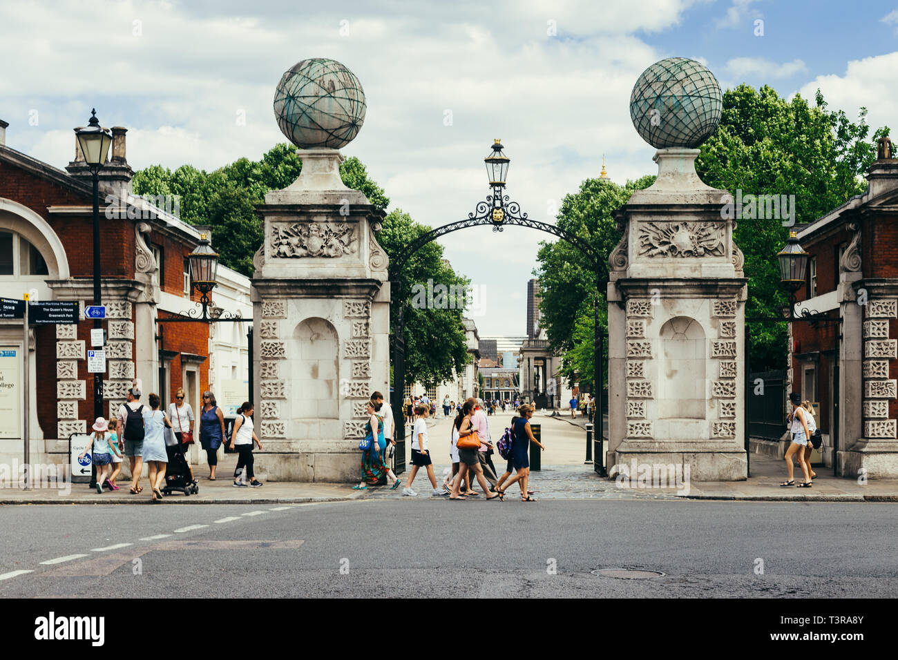 London, UK - July 23, 2018: Old Royal Naval College Gate viewed from ...