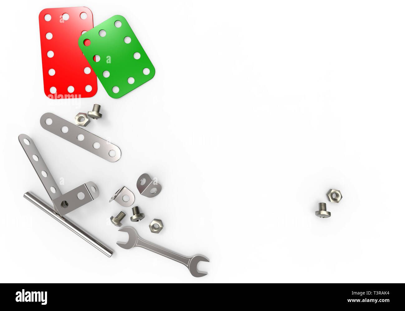 Mechanical toy parts background with screws ,isolated on white, 3D ...