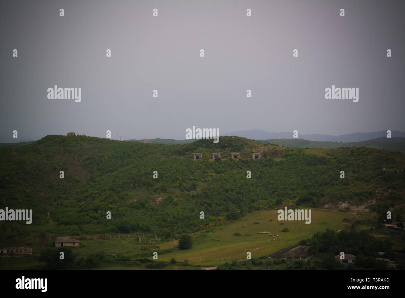 Landscape with the military bunkers in the middle of a rural fields ...