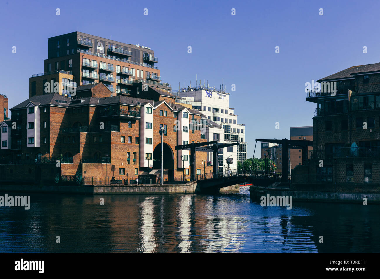 London, UK - July 23, 2018: Glengall Bridge is a bridge in the Milwall ...