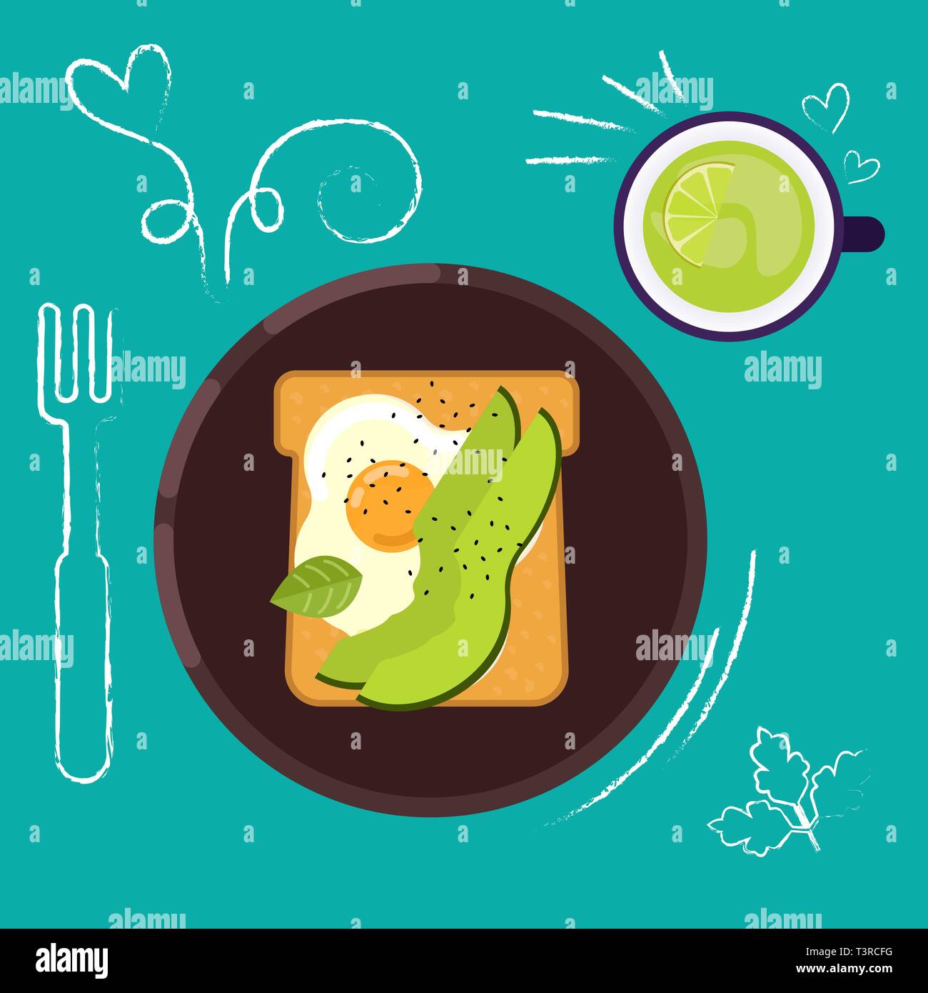 Set of breakfast food on bright background in flat design style. Doodle ...