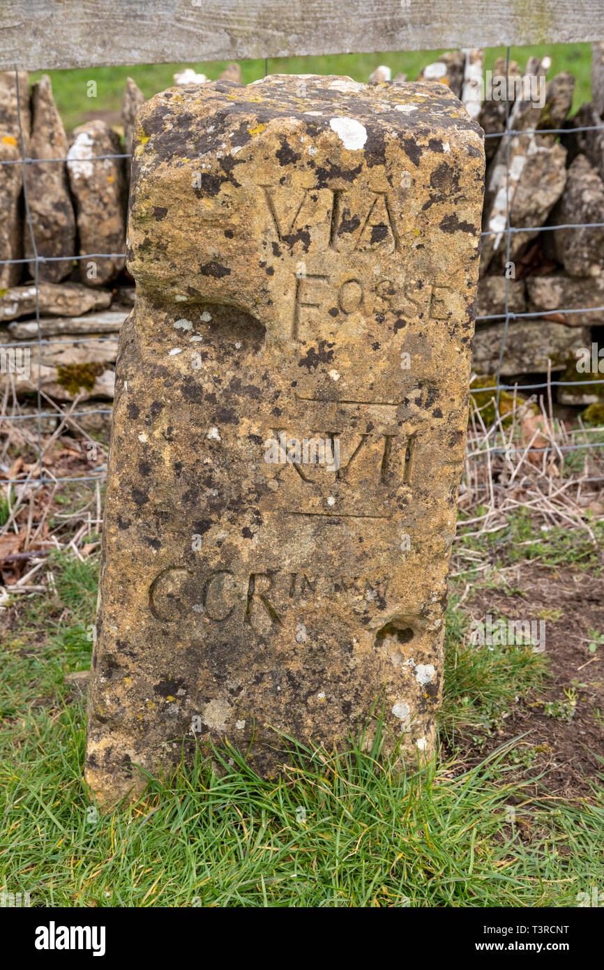 An old milestone at Cotswold Farm Park, Kineton, Gloucestershire UK ...