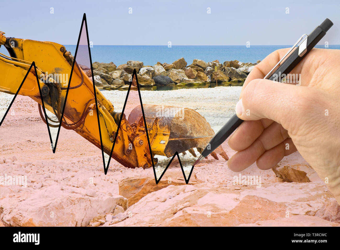 Hand drawing a graph about construction of a dam for flood protection ...