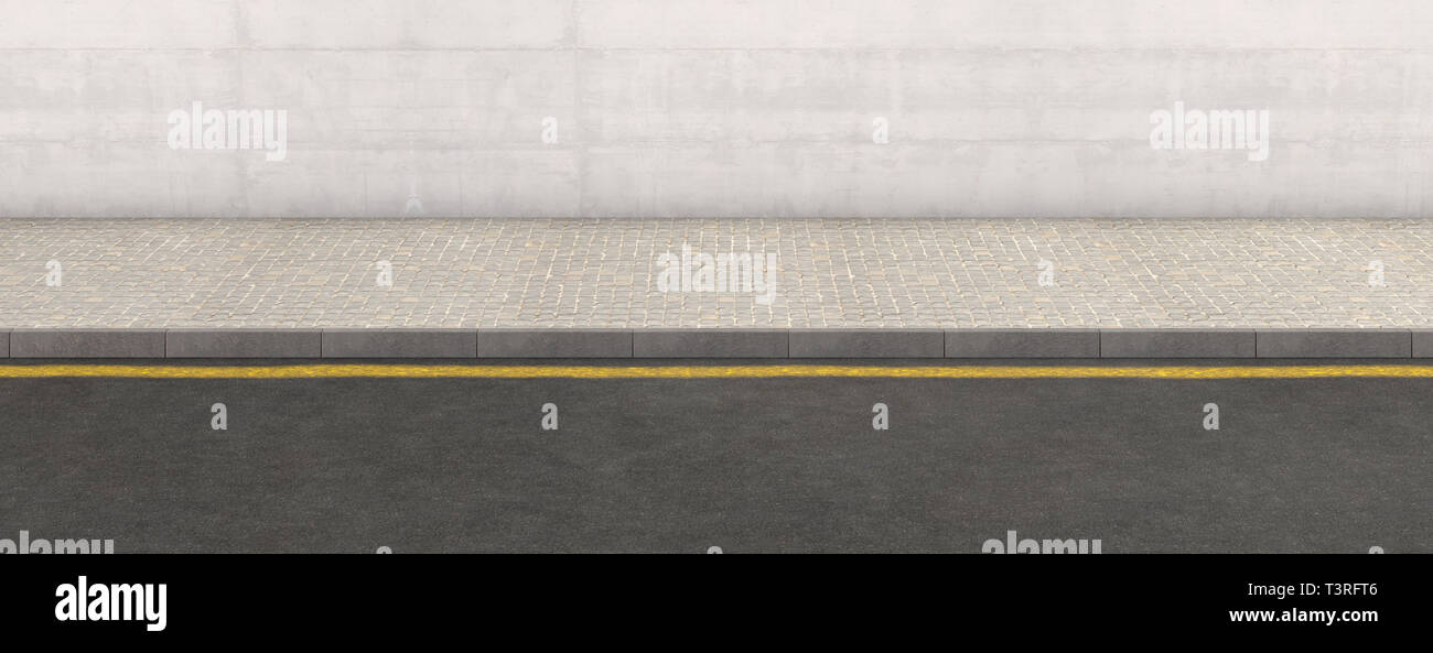 A flat front view of a section of raised sidewalk and street on a plain ...