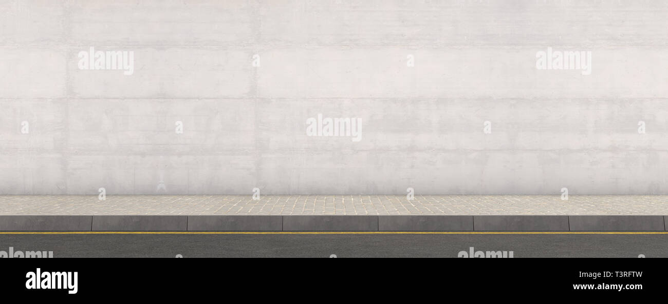 A flat front view of a section of raised sidewalk and street on a plain ...