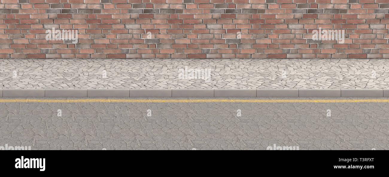 A flat front view of a section of old raised sidewalk and street on a ...