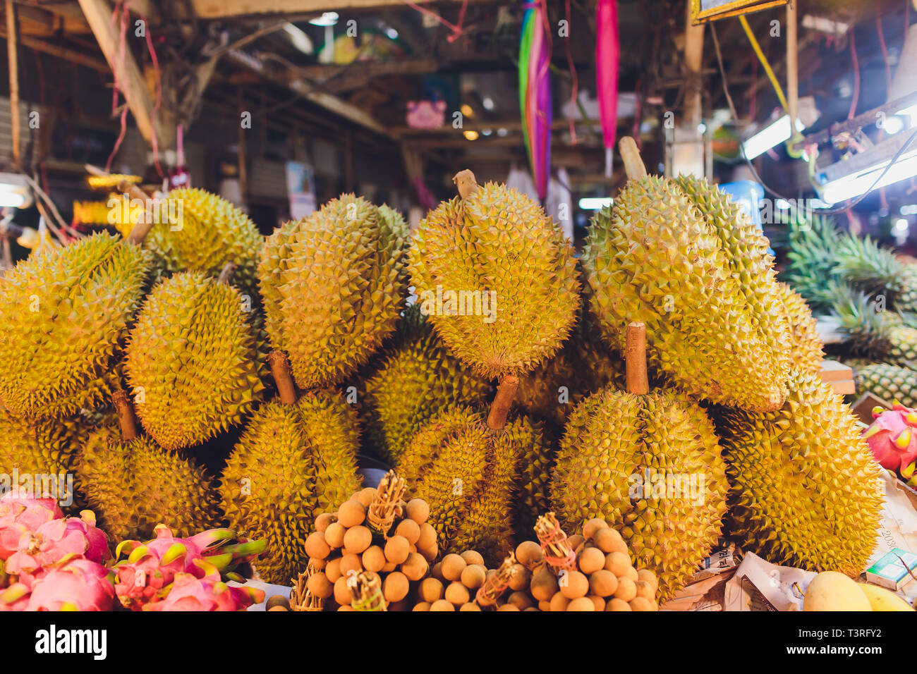Group of fresh durians in the durian market Stock Photo - Alamy