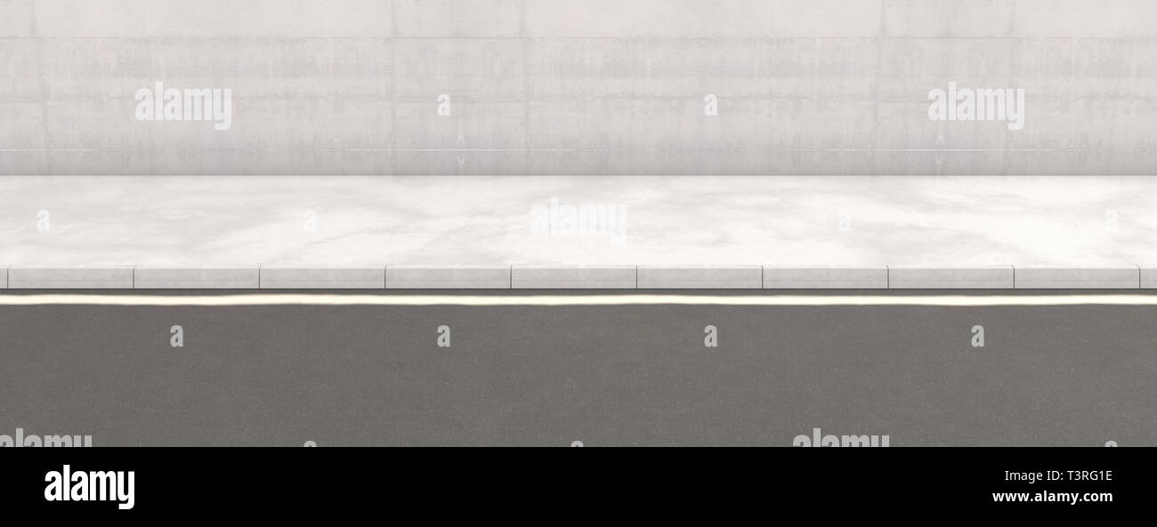 A flat front view of a section of modern raised sidewalk and street on ...