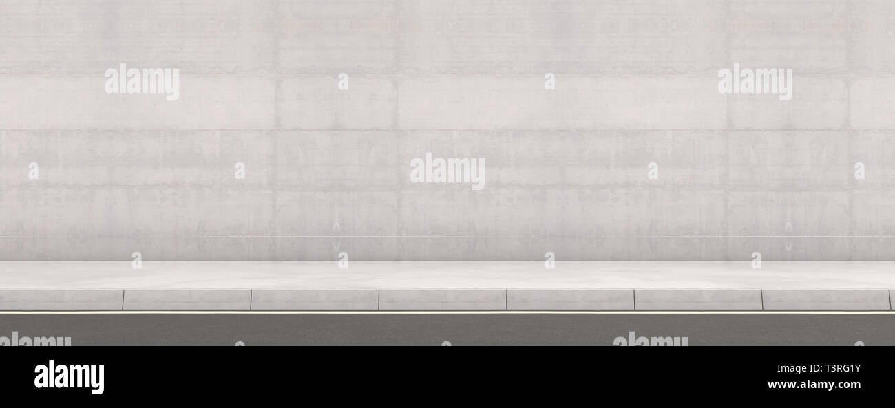 A flat front view of a section of modern raised sidewalk and street on ...