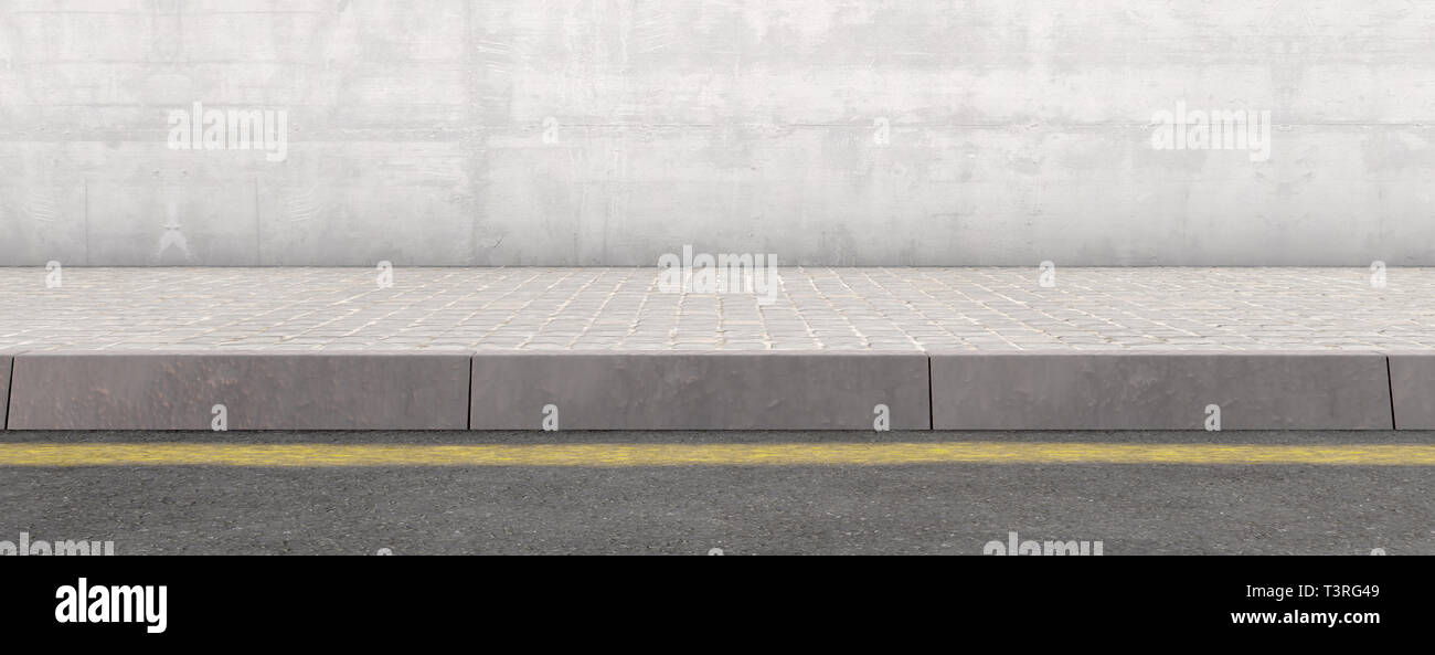 A flat front view of a section of raised sidewalk and street on a plain ...
