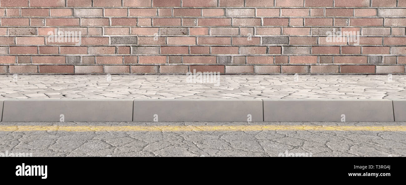 A flat front view of a section of old raised sidewalk and street on a ...