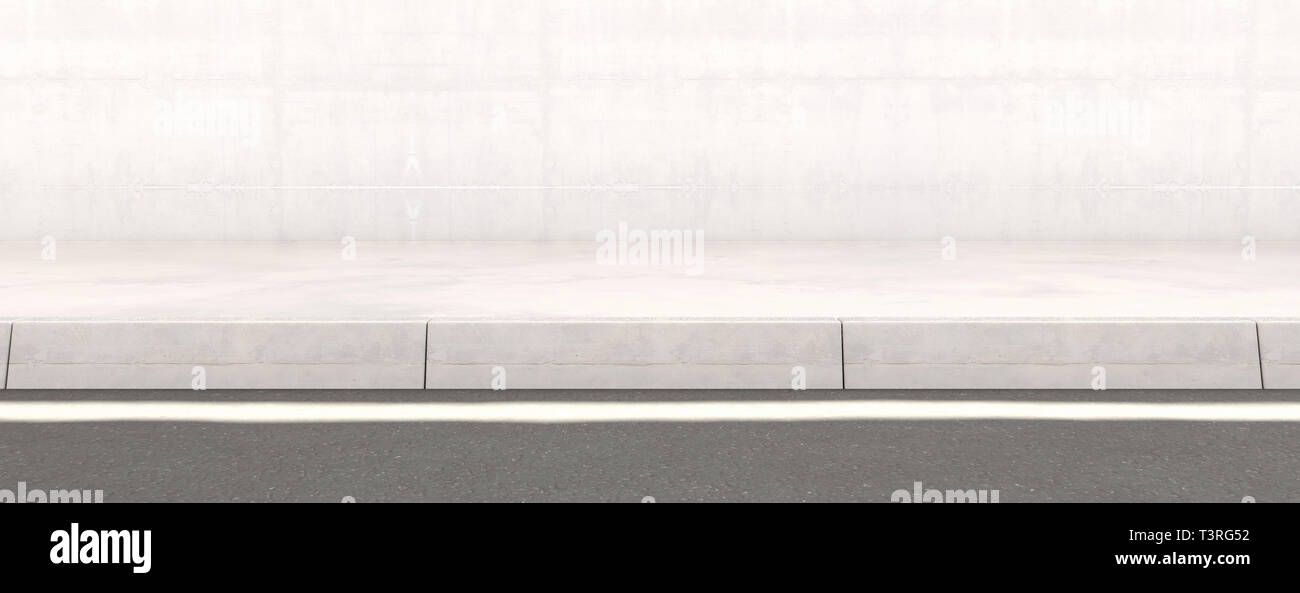 A flat front view of a section of modern raised sidewalk and street on ...